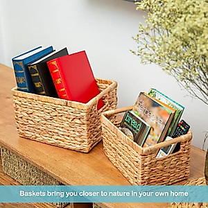 Natural Water Hyacinth storage basket with Handle, Rectangular Wicker Basket for Organizing, Decorative Wicker Storage Basket for Living Room, Medium Wicker Basket 12.2 x 8.9 x 6.9 inches