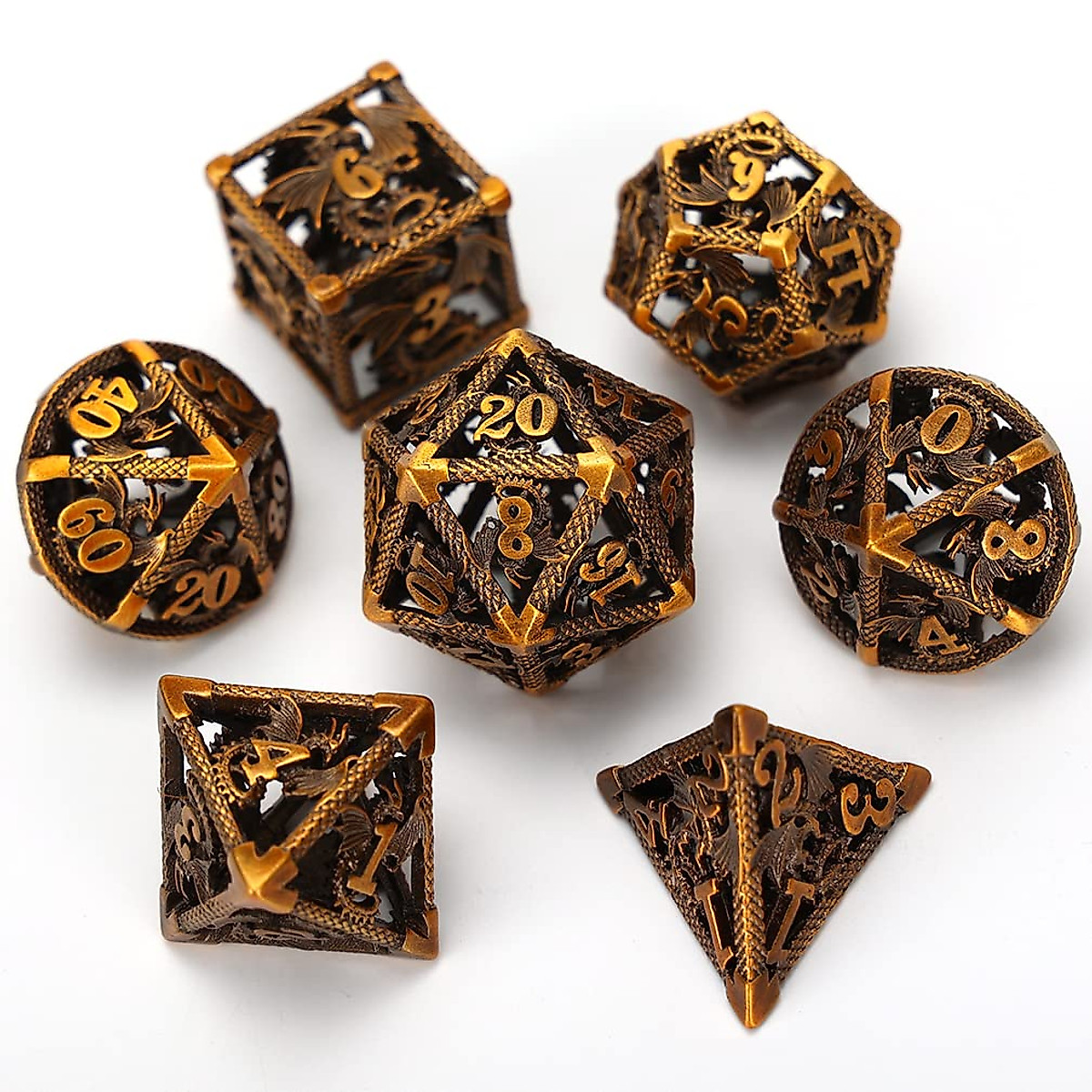 DND Dice Set 7 Pieces, JJDISO Hollow Metal D&D Polyhedral DND Dice for Dungeons and Dragons RPG Steampunk Dragons Role Playing Dice with Gift Box, Ancient Golden D4 D6 D8 D10 D12 D20 Dice Set