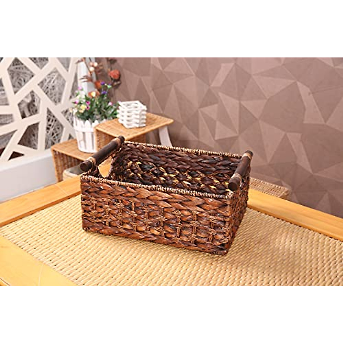 Storage Basket made by Water Hyacinth with Wood Handles, Arts and Crafts. (RectangleA-Large)