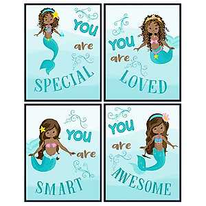 African American Girl Wall Decor - Black Art Poster Set 8x10 - Cute Mermaid Wall Decor - Toddler, Little Girls Bedroom Decor - Afro-American Gifts - Light Blue Room Decor Baby Girl Room Decorations