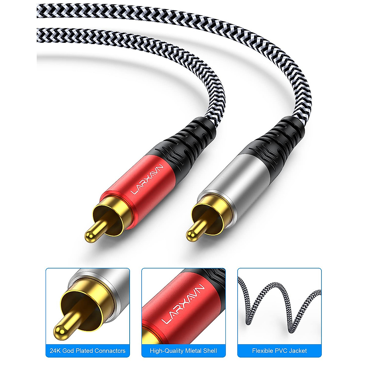 Larxavn RCA Cables, Hi-Fi Sound, Nylon Braided, Shielded RCA Audio Cable for Home Theater, HDTV, Amplifiers, Speakers- 5 Feet