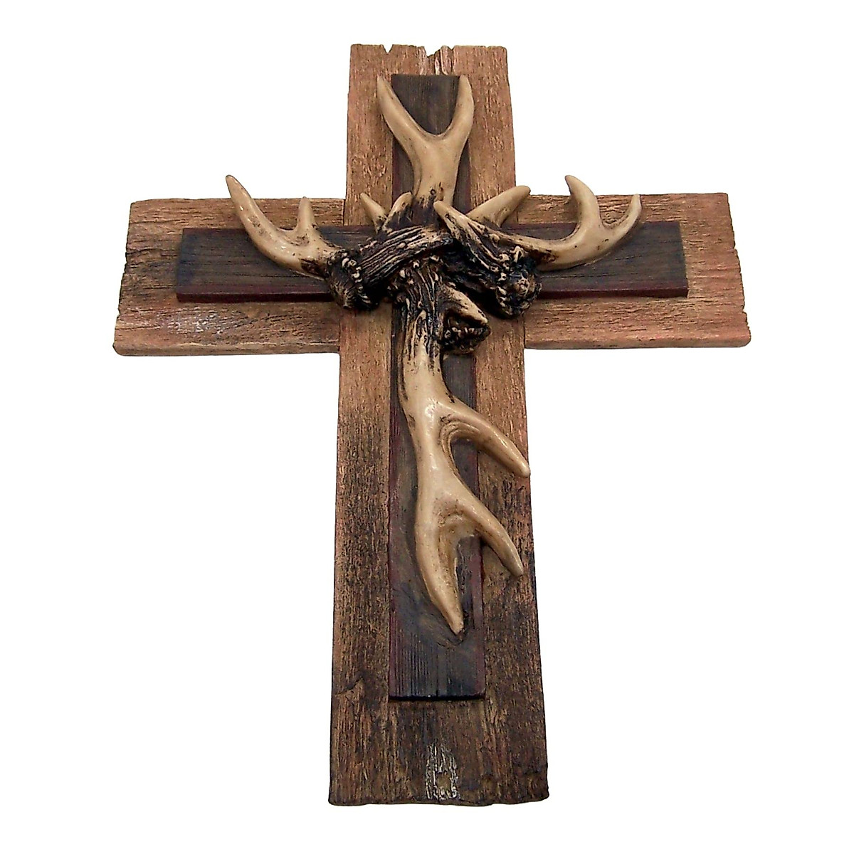 Rustic Wood Look Wall Cross Featuring Antlers, Rustic Décor, Religious Themed, 13.5 Inches