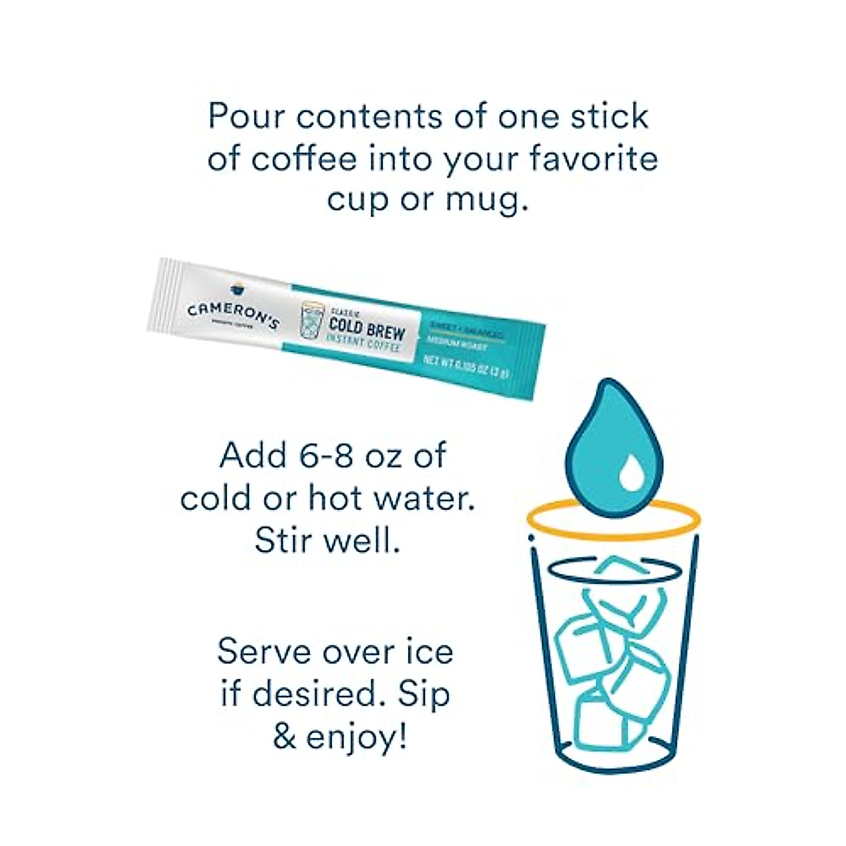 Cameron's Coffee Classic Cold Brew Instant Single Serve Sticks, Medium Roast, 128 Count (Pack of 8)