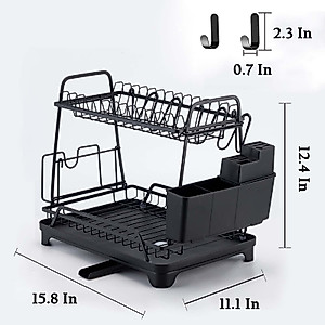 Panchydor Dish Drying Rack,2 Tier Stainless Steel Black Large Drying Rack for Kitchen Counter,Rust-Proof Automatic Draining Dish Rack with Utensil Holder,Cup Holder,Cutting Board Holder,Two Hooks