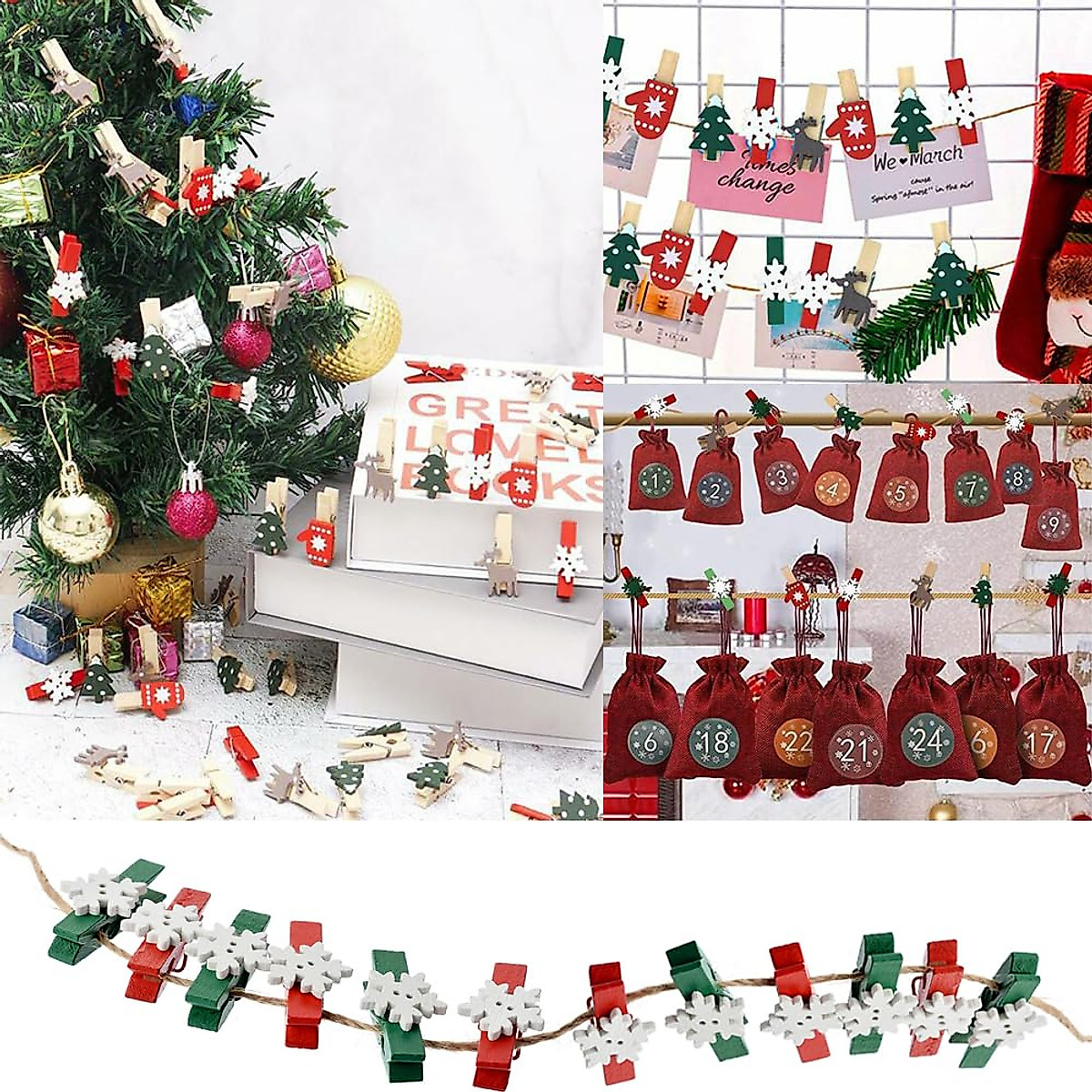 50pcs Christmas Clips Mini Clothes Pins Wooden Clothespins Photo Clips Small Wood Clips Set DIY Hanging Pegs for Christmas Cards Paper Crafts Holiday Party Supplies,Red Gloves