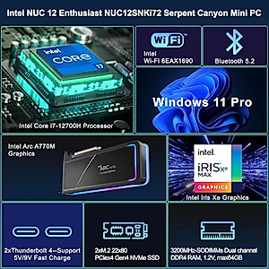 Intel NUC 12 Enthusiast NUC12SNKi7 Mini PC Core i7-12700H | 14 Cores/20 Threads | ARC A770 Graphics, Connectivity 6 USB-A, 2 USB-C, 1 HDMI, 2 Display Ports(Barebone)