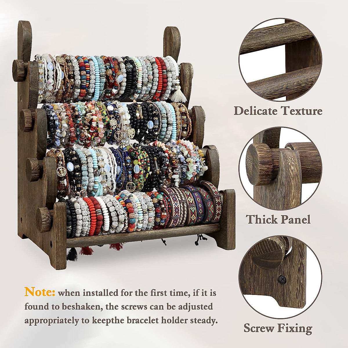 TOPNEW 4 Tier Wooden Bracelet Holder, Bangle Watch Necklace Display Storage Jewelry Holder Stand Display Organizer, Brown 4 Tier Wooden Bracelet Holder