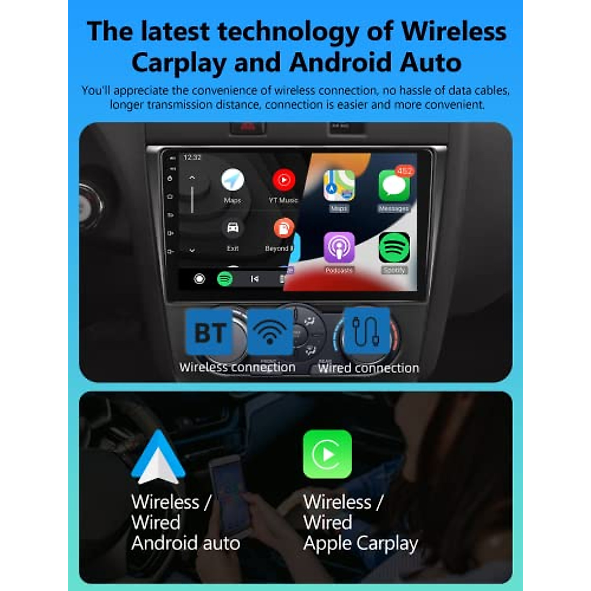 Android Car Radio Stereo for Nissan Altima 2008-2012 with Wireless Carplay Android Auto, 9” Touchscreen Radio Supports GPS Navigation, Steering Wheel Control, WiFi, Hi-Fi, FM/RDS, Split Screen