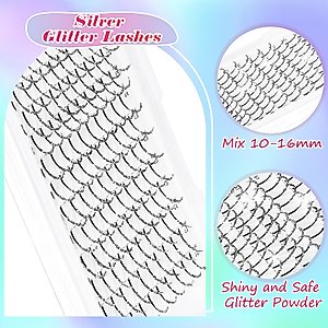 Dansib Glitter Lash Extensions D Curl 11-16mm Colored Single Lash with Eyelash Applicator, Spike DIY Individual Eyelashes with Eyelash Extension Tweezers Set for Daily Party Wedding（Silver）