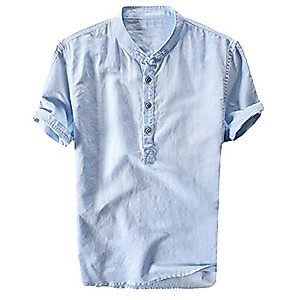 YOMXL Cotton T-Shirt Men's Solid Color Stand Collar Short Sleeve Tops Summer Button Front Tee T Shirts Blue
