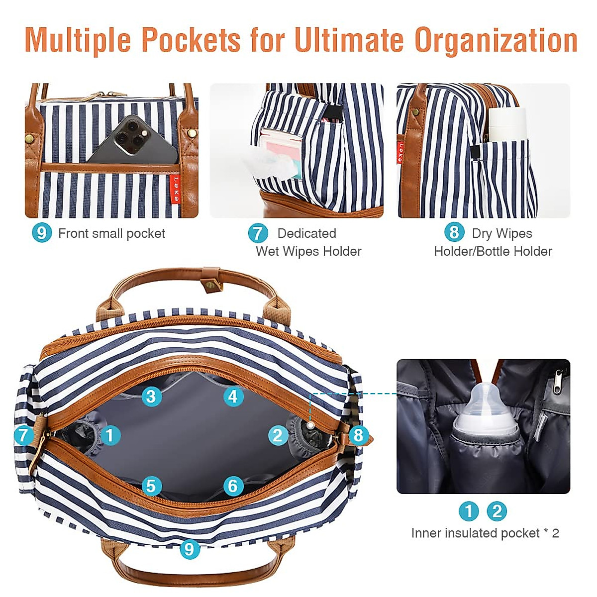 Lekebaby Baby Diaper Bag for Travel Maternity Bag Diaper Tote Hospital Bag, Newborn Registry Baby Shower Gifts,Blue Striped