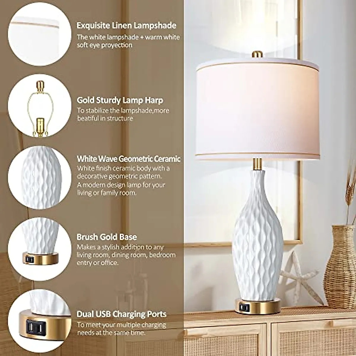 Vpazg White Table Lamp Set of 2, 3-Way Dimmable Touch Control Gold Bedside Lamps with USB Ports, 27inch Modern Ceramic Nightstand Lamp for Bedroom Living Room, Linen Shade (LED Bulb Included)