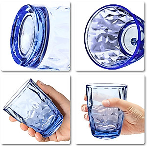 Topsky 10 oz Plastic Water Tumblers | Set of 4 Transparent Unbreakable Drinking Glasses Clear Acrylic Reusable Juice Wine Cups for Home Picnic Party, Dishwasher Safe, Stackable (Blue)