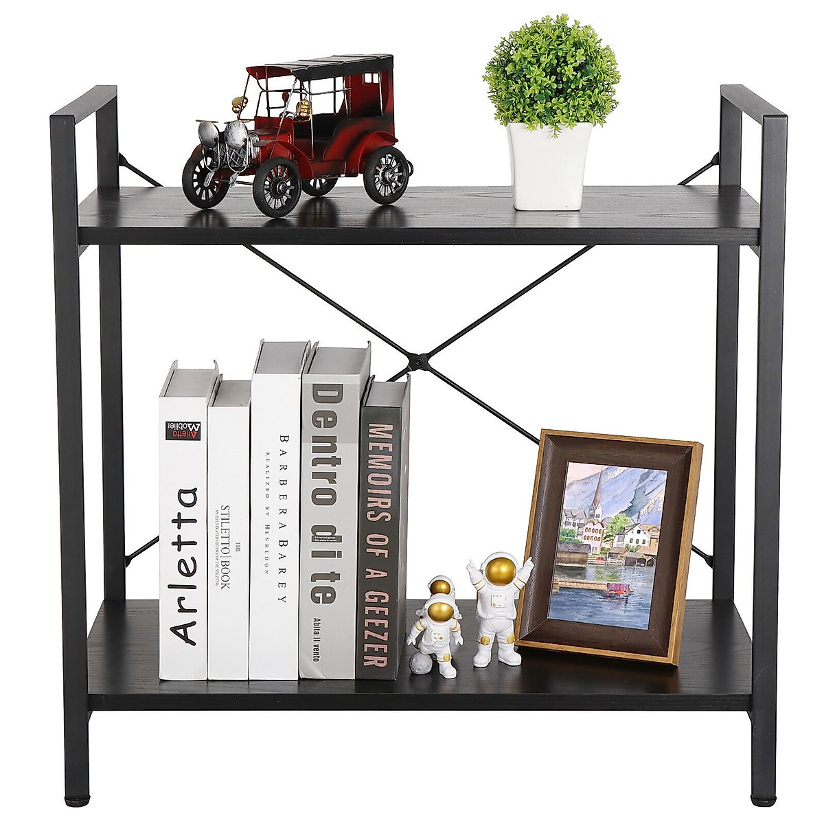 Solid Double Bookcase Short Frame Wood Bookshelf Display Rack Small Place Cozy, Black