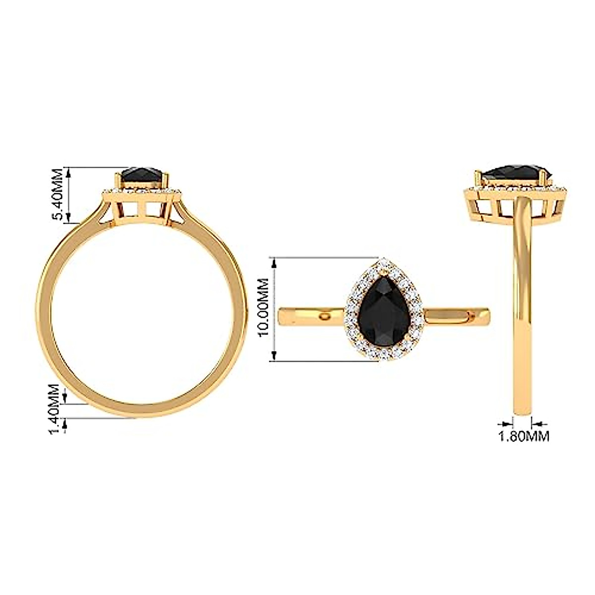 Certified Black Spinel Diamond Halo Engagement Ring, AAA Quality, Black Spinel 5X7mm Pear Shape Ring - Ready To Gift, 14K Yellow Gold, Size:US 7.50