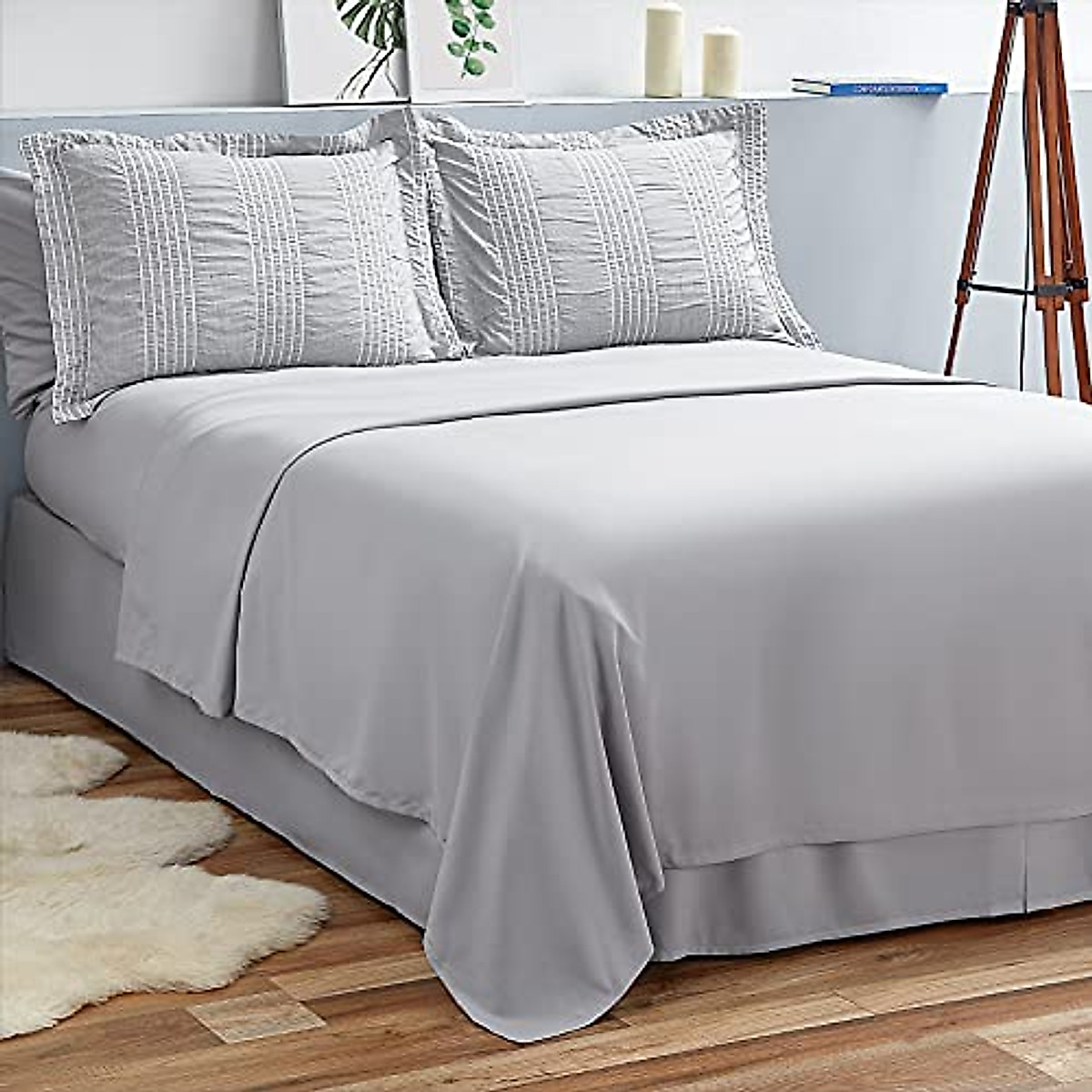 Bedsure Twin Bed in A Bag - Twin Comforter Sets 6 Piece Stripes Seersucker Bedding Set, Soft Lightweight Down Alternative Comforter Twin Bed Set(Grey 68x88 inch)