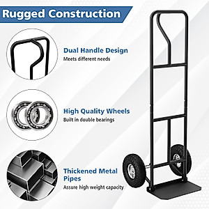 Goplus Hand Truck, P-Handle Hand Truck Dolly w/Vertical Loop Handle, 10” Pneumatic Rubber Wheels, 15”x 8” Foldable Nose Plate, 660LBS Capacity, Heavy Duty Metal Dolly Cart for Lifting, Stairs (Black)