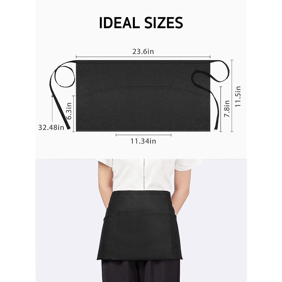 Syntus 6 Pack Server Apron with 3 Pockets, Waterdrop Resistant Waitress Waiter Waist Apron, 11.5-inch Black