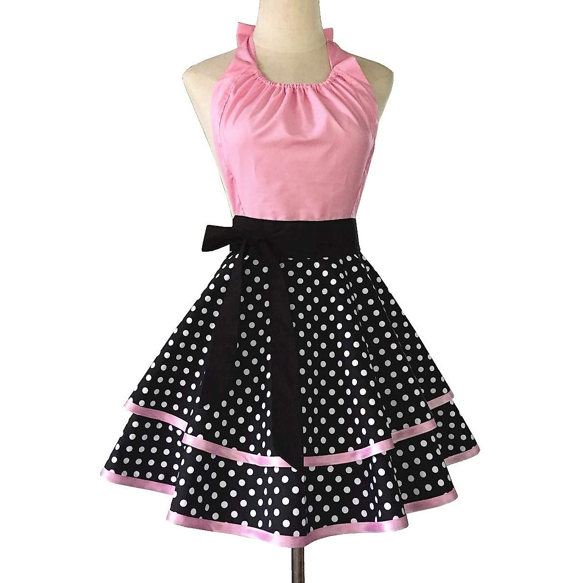 Hyzrz Cute Retro Apron Vintage Maid Polka Dot Kitchen Cooking Aprons for Women Ladies Girls (Pink)