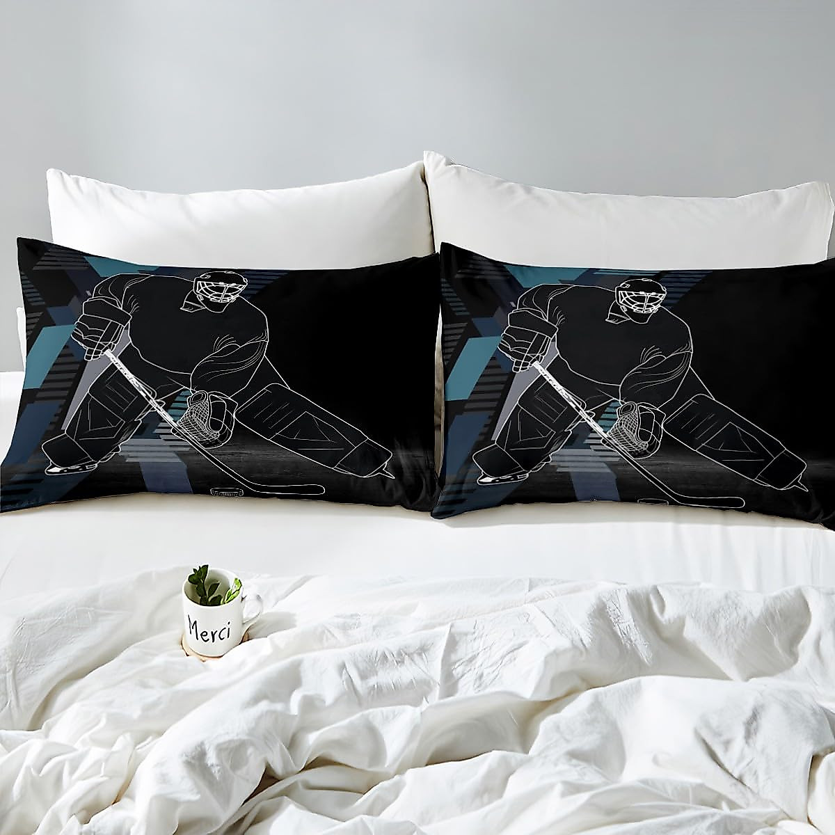 Castle Fairy Ice Hockey Player Duvet Cover Twin Size,Fashion Ice Sports Comforter Cover with 1 Pillowcase for Boys Girls,Creative Geometry Soft Breathable Bed Cover Room Decor