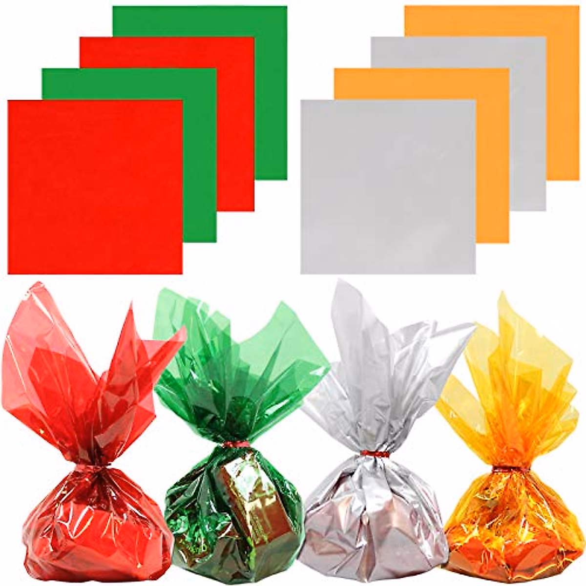 AnapoliZ Cellophane Sheets 120 pcs Pack | (12 x 12 inch) 4 Mix Colors 2.3 Mil | Translucent Holiday, Christmas Cello Sheets - Green, Red, Silver, Gold | Glossy Xmas Colors Sheets for Treats, Crafts