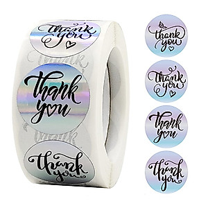 1.5 Inch Holographic Thank You Stickers Roll，500pcs Irridescent Self-Adhesive Thank You Labels Stickers for Supporting My Small Business Boutiques Shop Wrapping Supplies