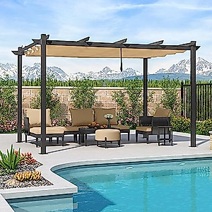PURPLE LEAF Outdoor Metal Pergola with Retractable Canopy 10' x 13' Patio Aluminum Pergola for Deck Garden Backyard Modern Small Pergola, Beige