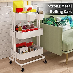 EZ COZY 3 Tier Rolling Cart Heavy Duty,Metal Rolling Utility Cart with Wheels and Handle, Rolling Storage Cart with 2 Hanging Buckets, Multifunctional Trolley for Kitchen, Living Room, Office (White)