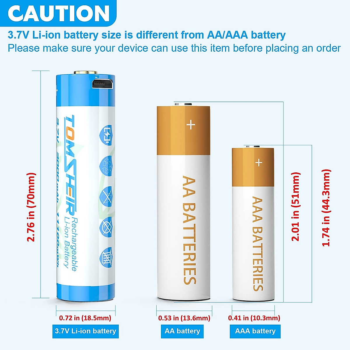 TOMSHEIR 2 Pack 3.7V Rechargeable Batteries with Micro-USB Port Cable 3000mAh Battery for Flashlights, Camera, Headlamps, Doorbells, RC Cars, Sound Equipment