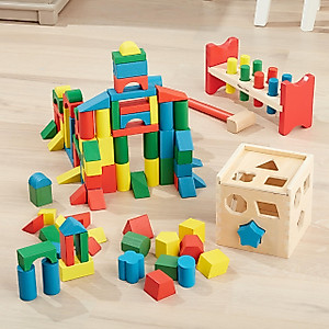 Melissa & Doug Stack, Sort & Pound Wooden Toy Collection (Building Blocks, Shape Sorter, Pounding Bench)