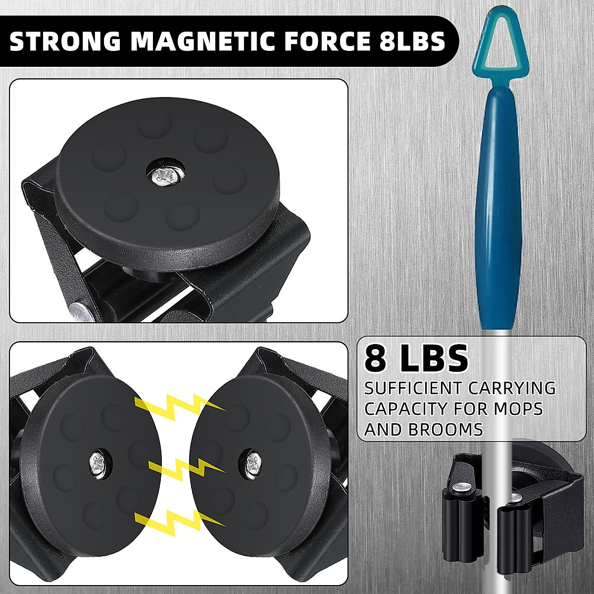 Vercraft 4 Pcs Magnetic Mop Broom Holder Movable Magnetic Broom Holder Rack, Magnetic Holder Anti Slip Wall Mounted Utility for Cleaning Tools, Garage, Kitchen, Laundry, Garden (Black)