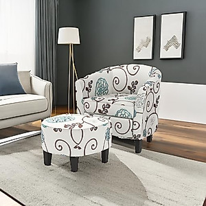 Giantex Small Accent Chair with Ottoman Set, Upholstered Barrel Chair with Footrest, Modern Accent Armchair with Ottoman, Round Club Chair for Living Room, Small Space, Bedroom (Blue Flower)