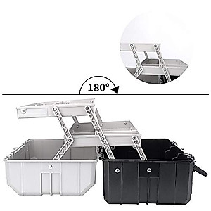 17-Inch Plastic Storage Toolbox, GANCHUN 3-Layer Portable Tool Box, Hobby or Craft Storage Toolbox, Multiplication Tool Organizer for Home Tools, Nails and Pins, Black-Grey