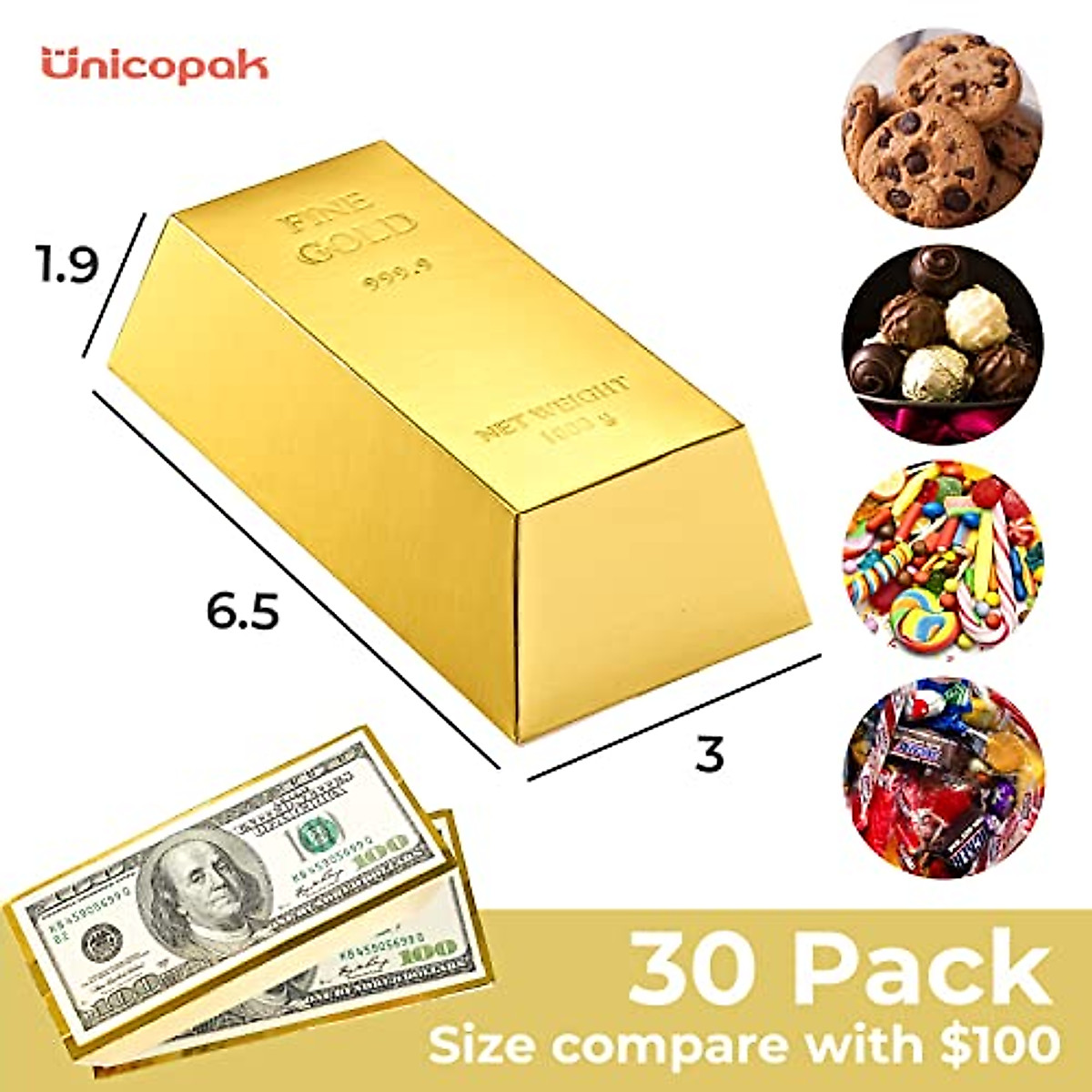UnicoPak 30 Pack Gold Bar Gift Boxes 6.5x3 Inch, Fake Gold Bar Party Favor Candy Boxes Gold Gift Boxes for Gold Candy Chocolate Coins Favors, for Casino Theme Golden Birthday Party Decorations Halloween Christmas
