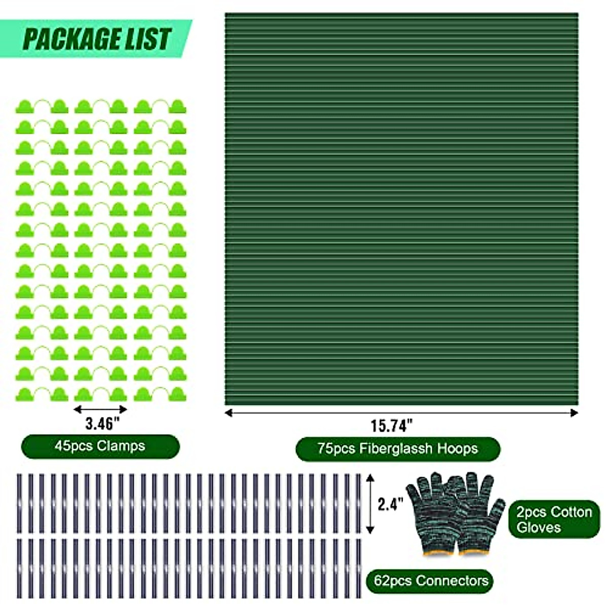 Green Garden Hoops 15 Sets of 6.56 ft Long 75pcs 15.7" with Dia 0.354 in Support Hoops for Garden Stakes,Raised Bed (75)