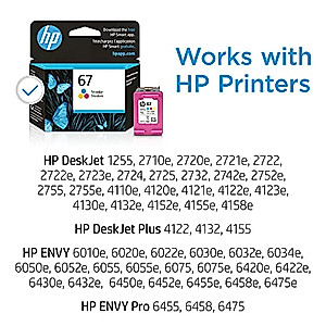 HP 67 Tri-color Ink Cartridge | Works with HP DeskJet 1255, 2700, 4100 Series, HP ENVY 6000, 6400 Series | Eligible for Instant Ink | 3YM55AN