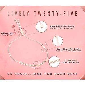 Lucky Feather Happy 25th Birthday Gifts For Women - 14K Rose Gold Dipped Beads Bracelet on Adjustable 7”- 8” Cord - Turning 25 Birthday Gifts For Her