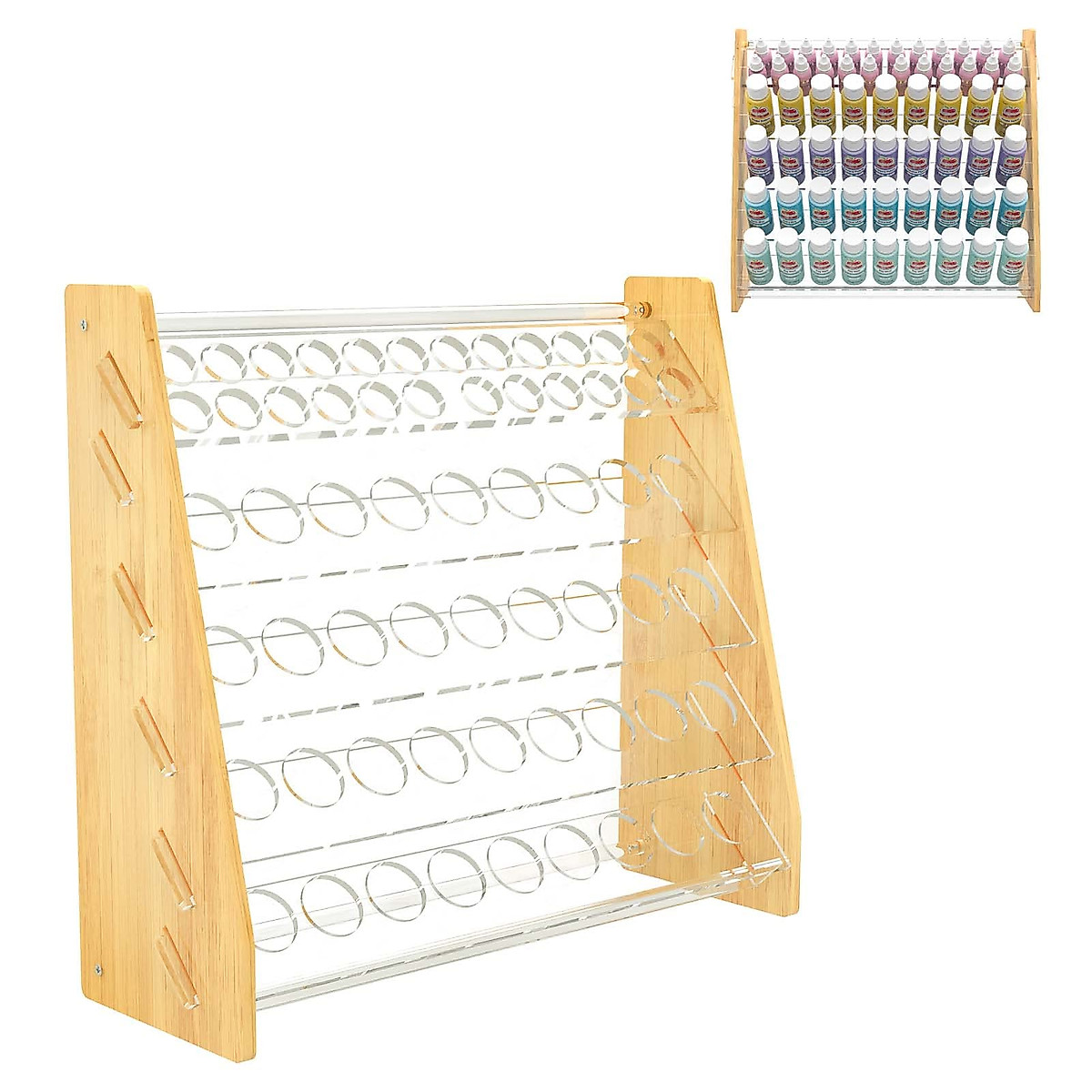 Acrylic Paint Organizer Rack for 60 Bottles, 5 Tiers Bamboo Craft Hobby Paint Holder Storage Paint Rack Display Stand, Pigment Organizer Holder Ink Bottle Stands for Miniature Paint Set
