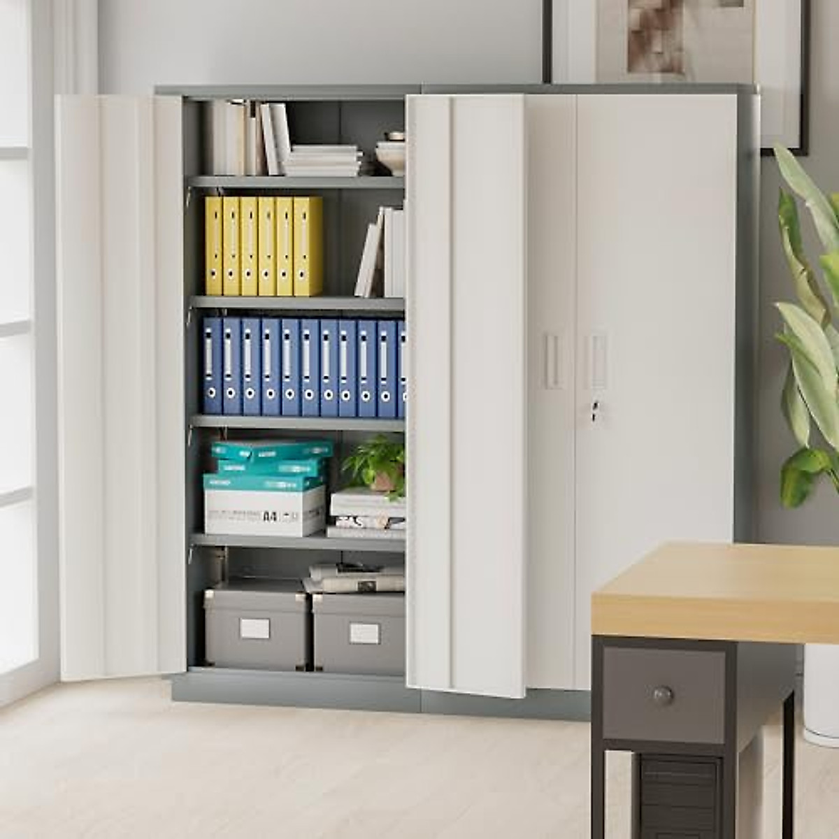 Shahoo Metal Storage Cabinet with Lockable Door and Shelves for File, Tool, Medium Size for Garage, White and Gray