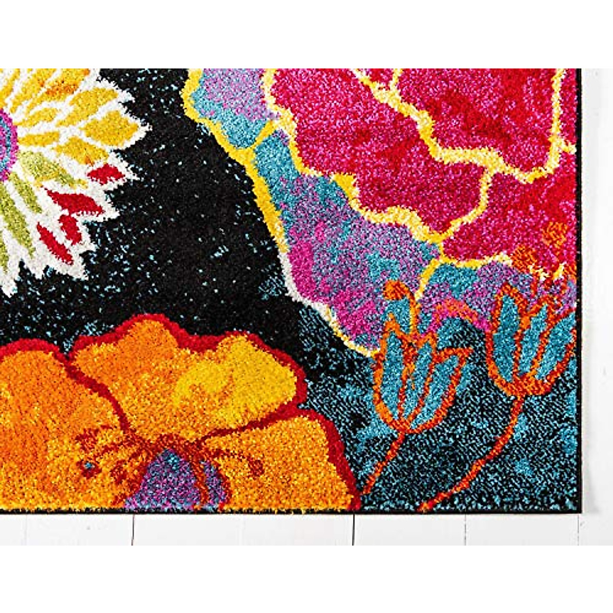 Unique Loom Lyon Collection Colorful Modern Floral Garden Area Rug, 2 x 6 ft, Black/Yellow