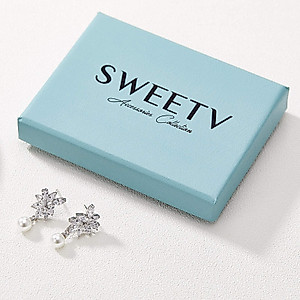 SWEETV Cubic Zirconia Pearl Wedding Bridal Earrings for Brides Bridesmaids, Silver Pearl Drop Earrings for Women Prom Jewelry Gifts