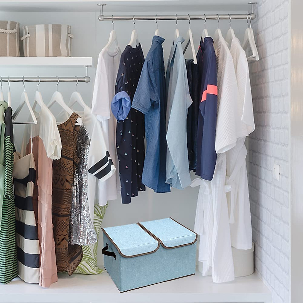 Storage Boxes with Double Lids and Handles, Collapsible Linen Storage Bins Organizer Clothes Baskets Cube with Removable Divider for Home Bedroom Closet Office Dorm (Green)