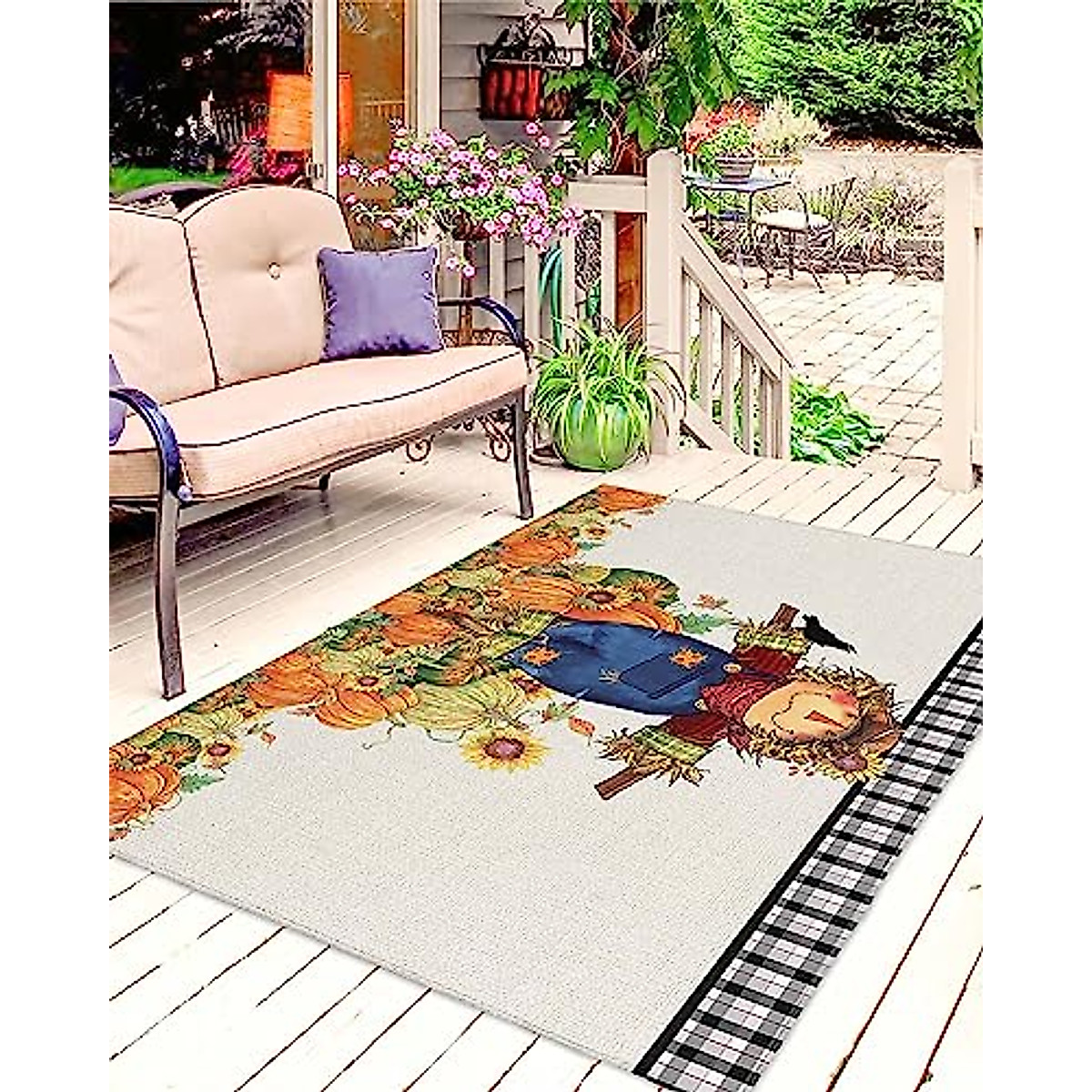 Outdoor Area Rug for Patio,Scarecrow Pumpkin Autumn Thanksgiving Camping Rugs Indoor Large Floor Mat 4x6ft,Farmhouse Black Plaid Linen Outside Carpet for Deck RV Picnic Porch Backyard Bedroom