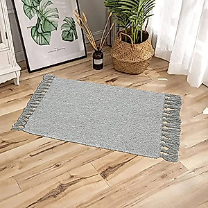JE JOUE Boho Bathroom Rug 2'x3' Grey，Hand Woven Tassel Solid Color Area Rug, Washable Bedroom Runner mat for Laundry Kitchen Outdoor Bathroom Dorm entryway