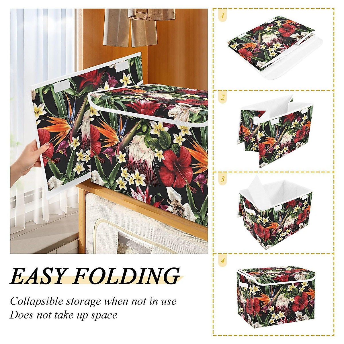 Krafig Tropical Flowers Foldable Storage Box Large Cube Organizer Bins Containers Baskets with Lids Handles for Closet Organization, Shelves, Clothes, Toys