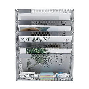 EasyPAG 5 Slot Wall Hanging File Organizer Vertical Office Desk /Wall Mounted File Holder Paper Organizer with Bottom Flat Tray,Black,Silver