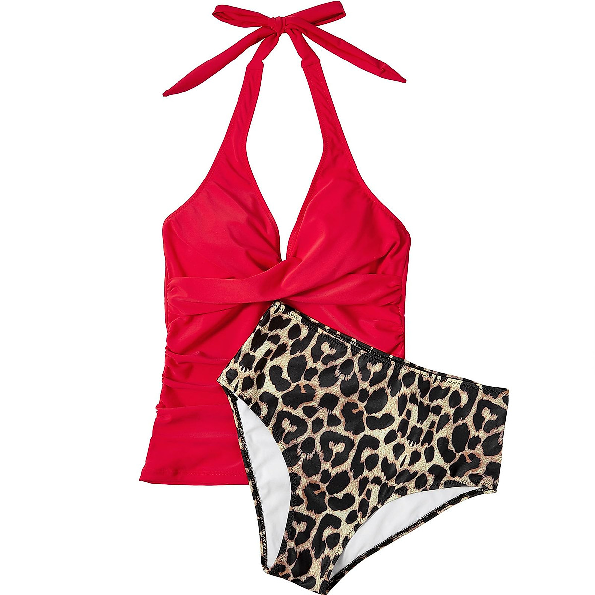 SUUKSESS Women Sexy Halter Tankini Bathing Suits Slimming Tummy Control High Waisted Swimsuits 2 Piece (Red Leopard, XL)