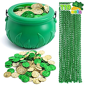 JOYIN 119 PCS St Patrick's Party Supplies Set with 1 Green Cauldron, 100 St Patrick’s Day Lucky Leprechaun Shamrock Plastic Coins and 18 Bead Necklaces for Saint Patricks Pot of Gold Party Supplies