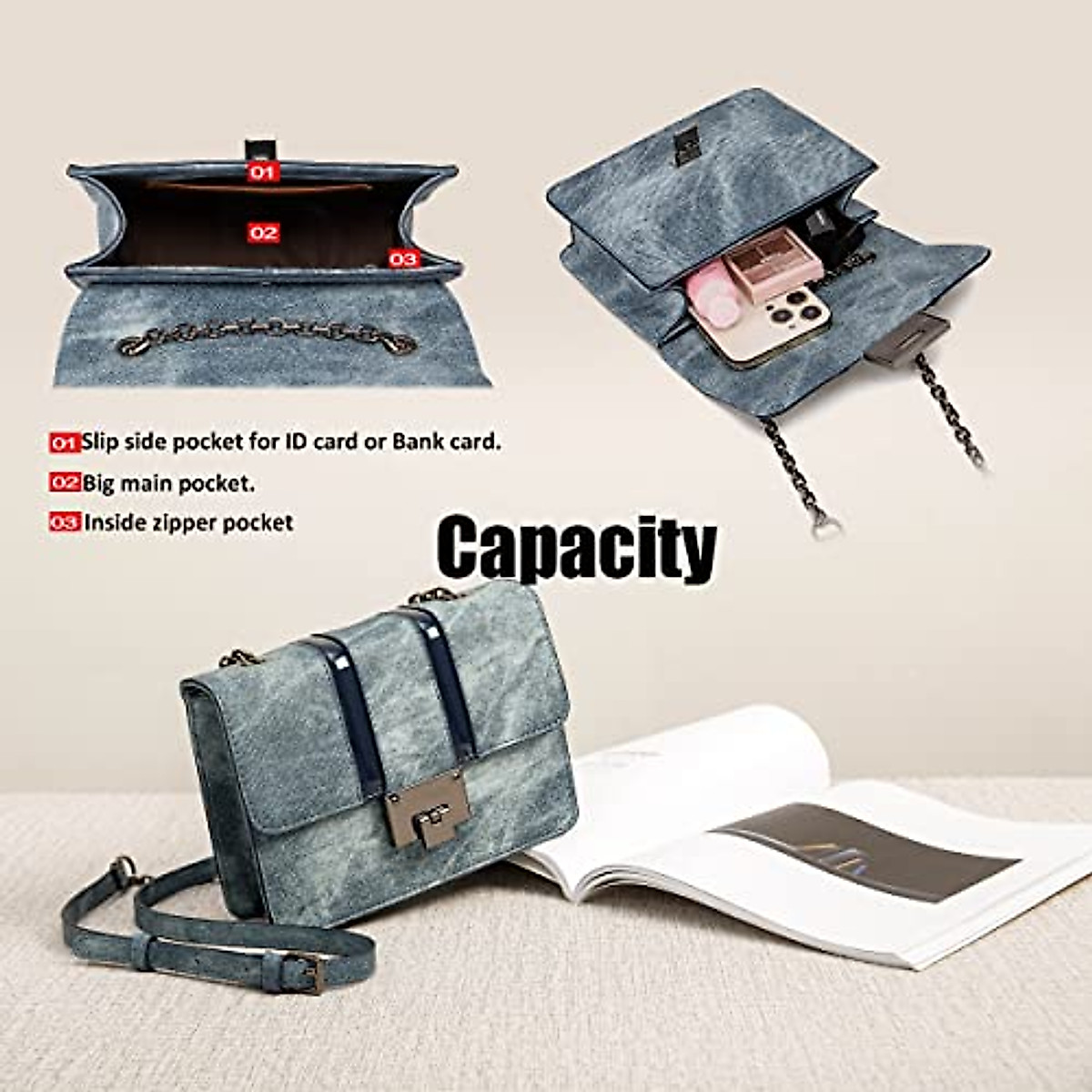 ROYALFAIR Small Denim Blue Women Purse Clutch Retro Small Shoulder Bag for Teenager girls Color Contrast Handbag (Denim Blue)