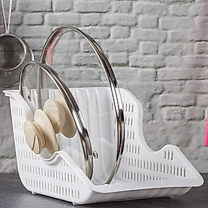 Crystalia Plastic Kitchen Cabinet Organizer for Dishes, Vertical Plate Storage Set for Countertop, Lid Plate Pan Holder Rack, Kitchenware Divider for Under Cabinet, Compact Clutter Organizer, White